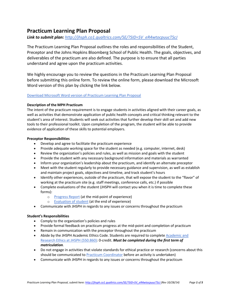 Practicum Learning Plan Proposal