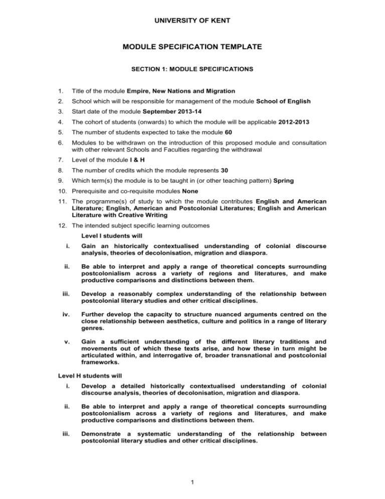 UNIVERSITY OF KENT MODULE SPECIFICATION TEMPLATE