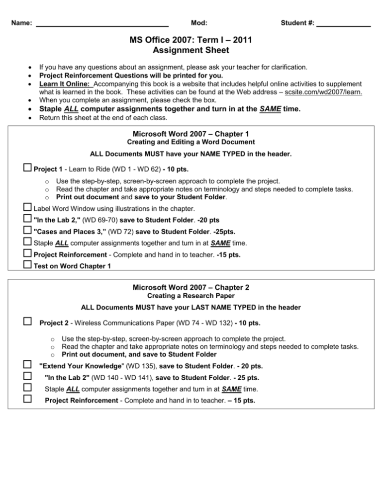 Office 2007 Assignment Sheet