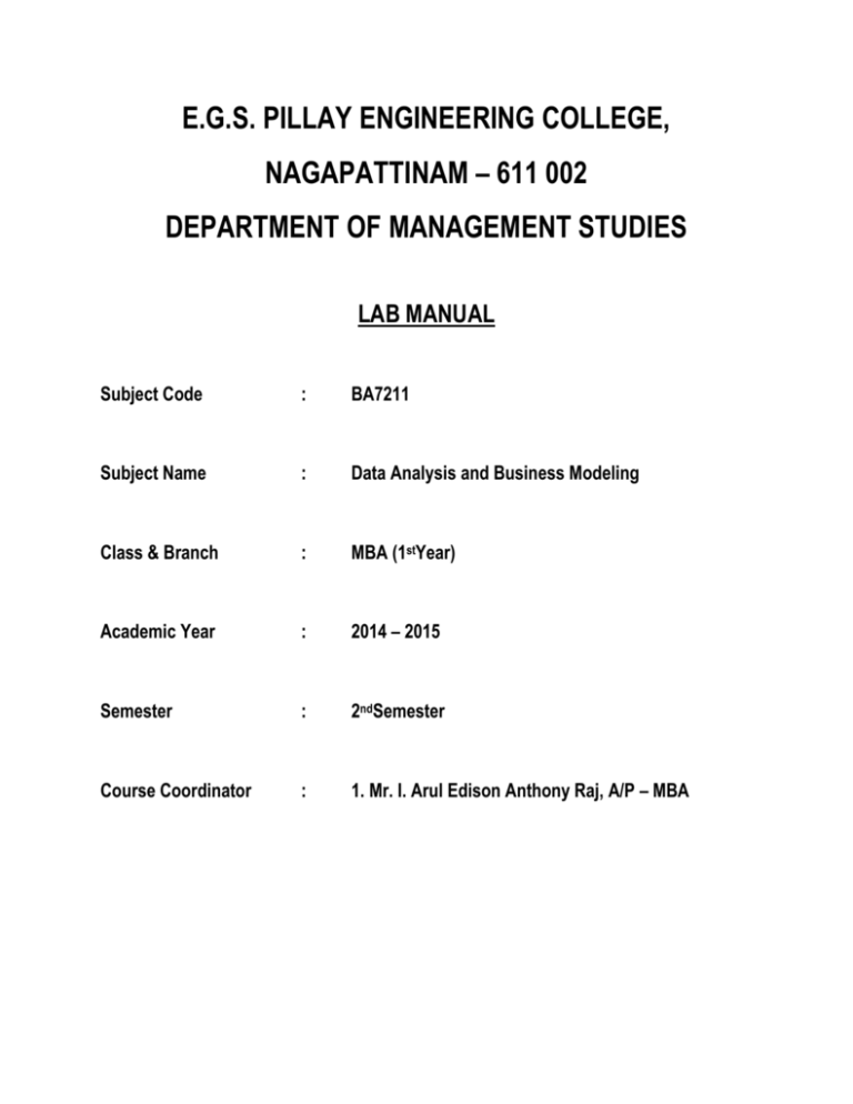 BA7211 Subject Name Data Analysis And Business Modeling