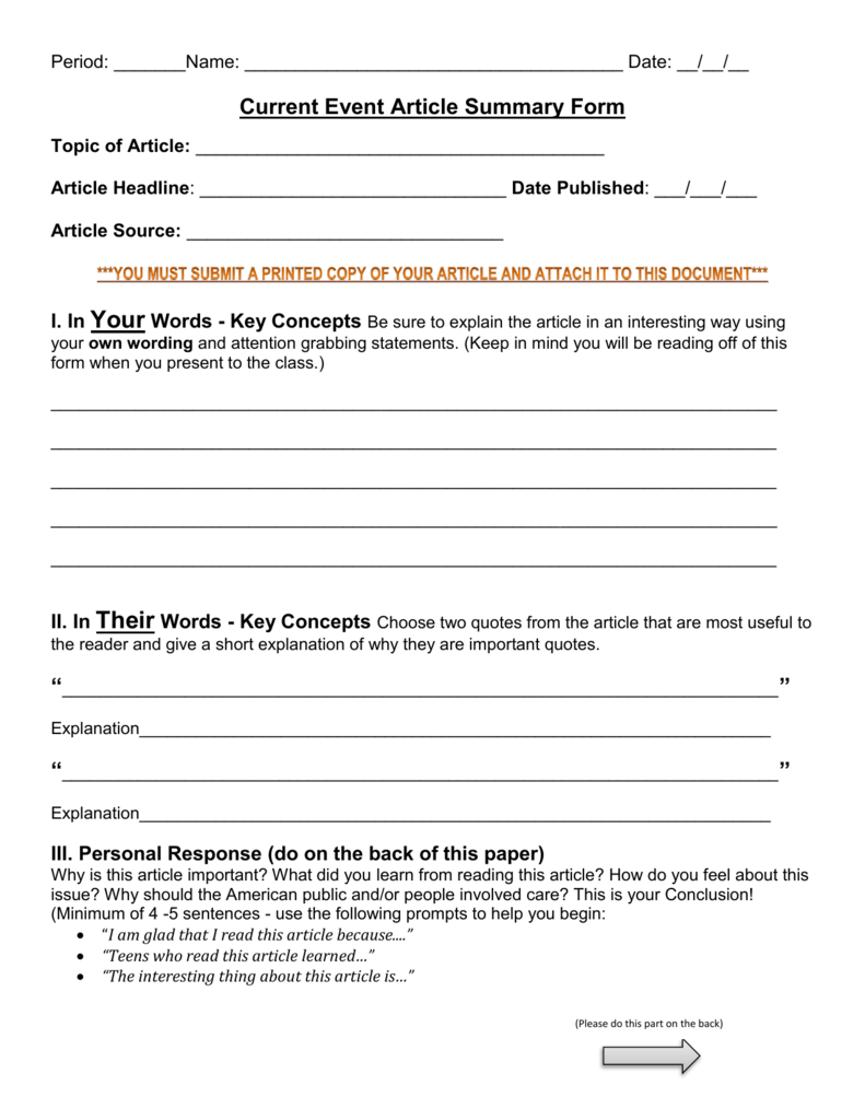 Current Events Article Summary Form