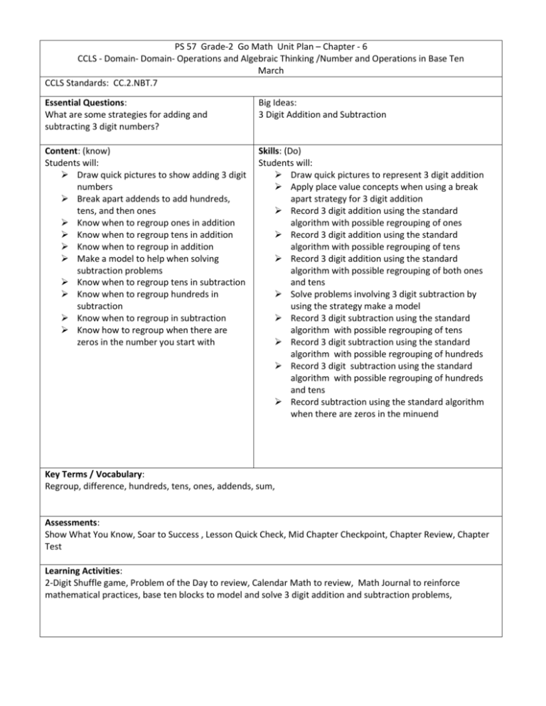PS 57 Grade Module Go Math Unit Plan Chapter