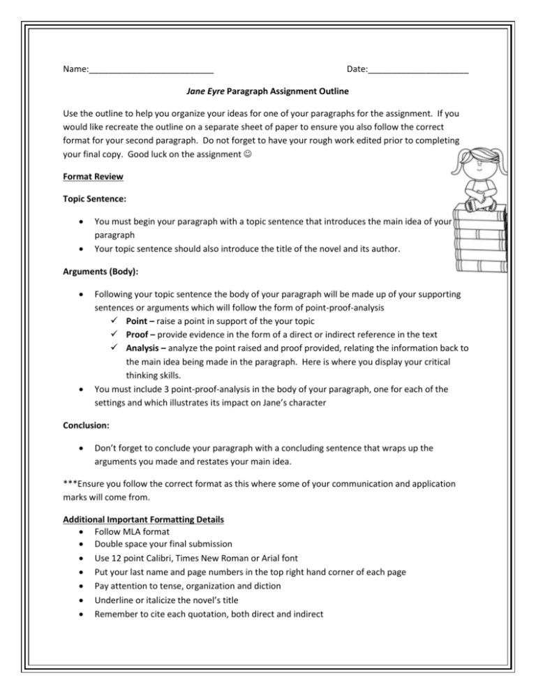 Jane Eyre Paragraph Assignment Outline