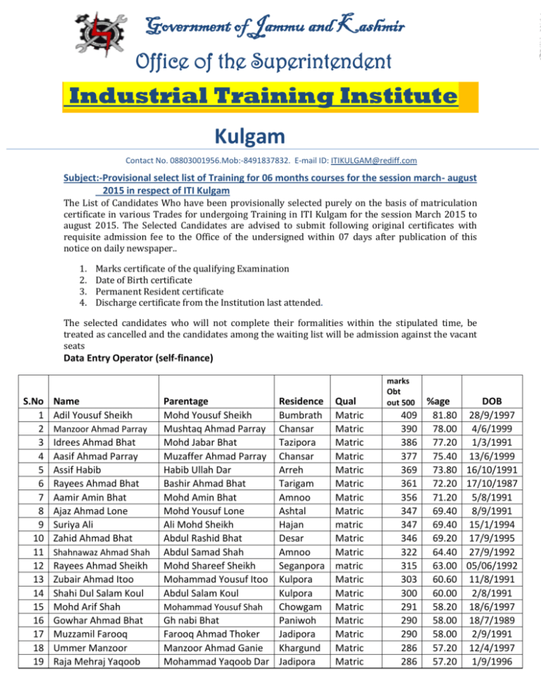 Provisional Select List Of Training For 06 Months Courses For The