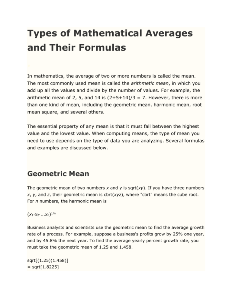 Means Averages And Their Formulas