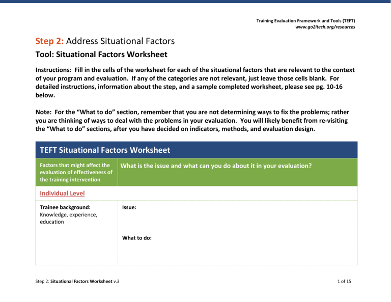 Situational Factors Worksheet - I-Tech