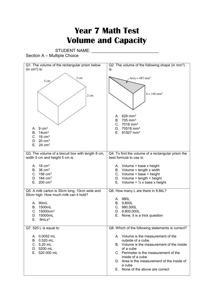 Year 7 Math Test