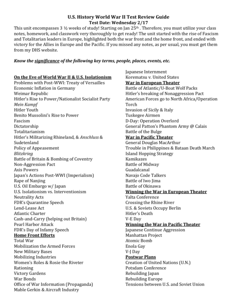 US History World War II Test Review Guide US History World War II Test Review Guide