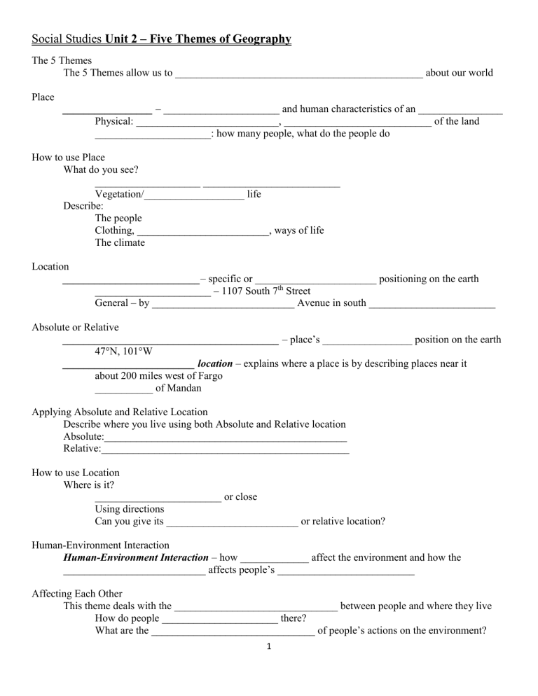 Social Studies Unit 2 Five Themes Of Geography Social Studies Unit 2 Five Themes Of Geography