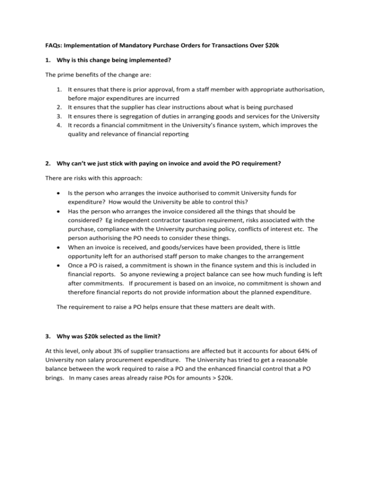 FAQs Implementation Of Mandatory Purchase Orders For