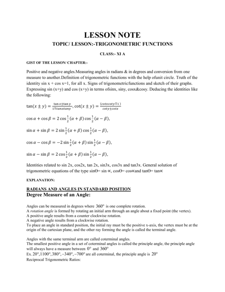 Topic Lesson trigonometric Functions Topic Lesson trigonometric Functions