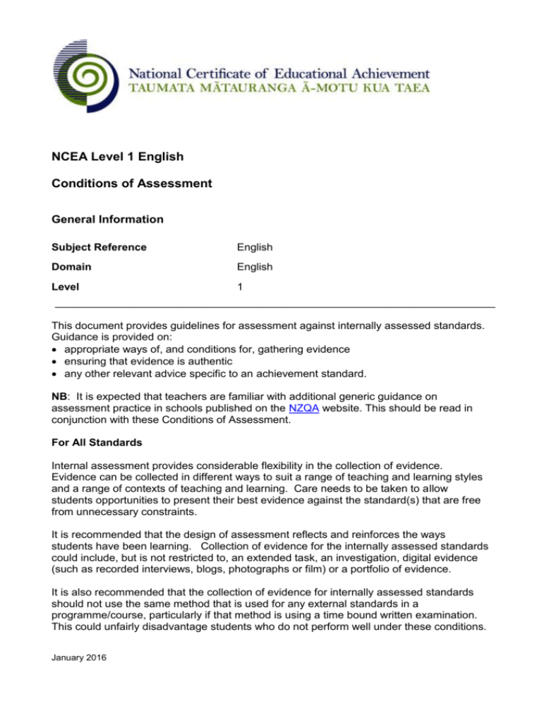 English Level 1 Conditions Of Assessment