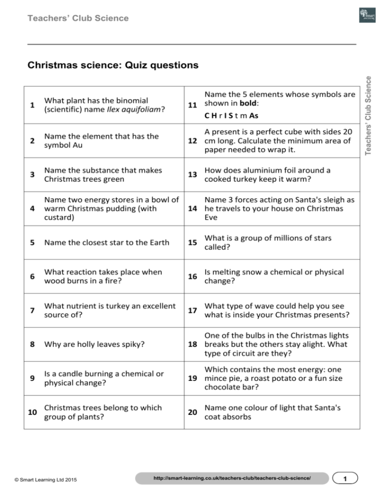 Christmas Science Quiz Questions
