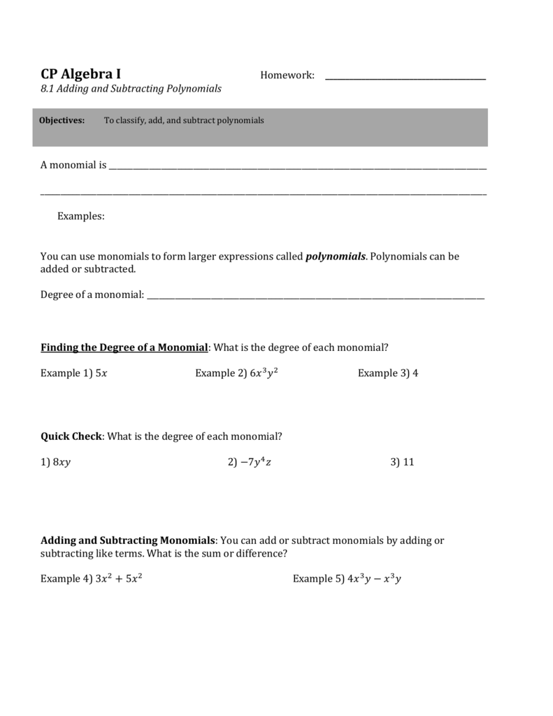 Classifying And Adding And Subtracting Polynomials
