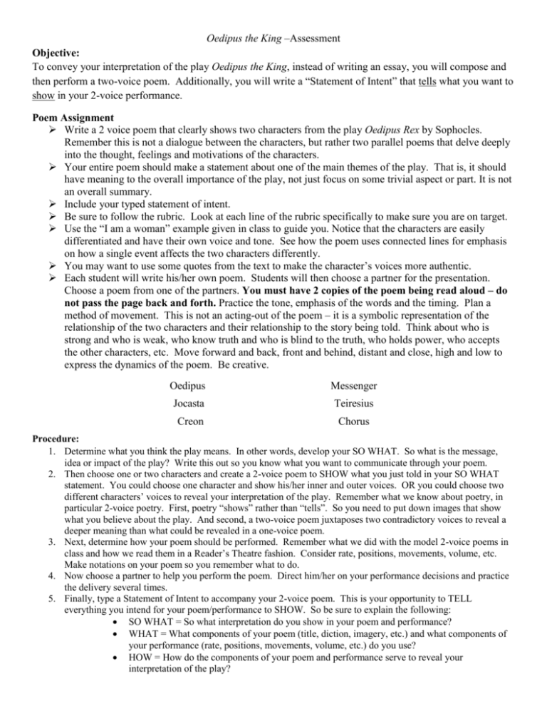 Oedipus The King Assessment Objective To Convey Your
