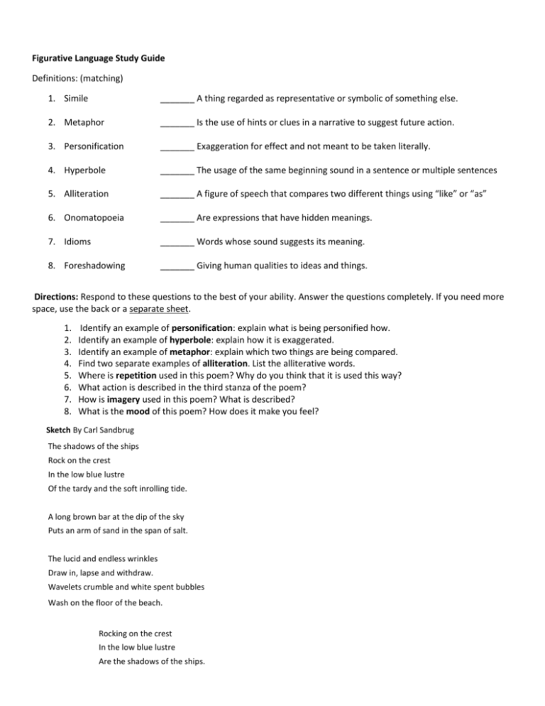 Figurative Language Study Guide Definitions matching Simile Figurative Language Study Guide Definitions matching Simile