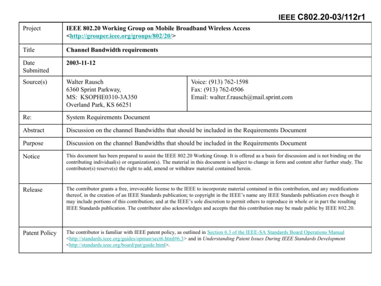 A Channel Bandwidth Definition for 802.20