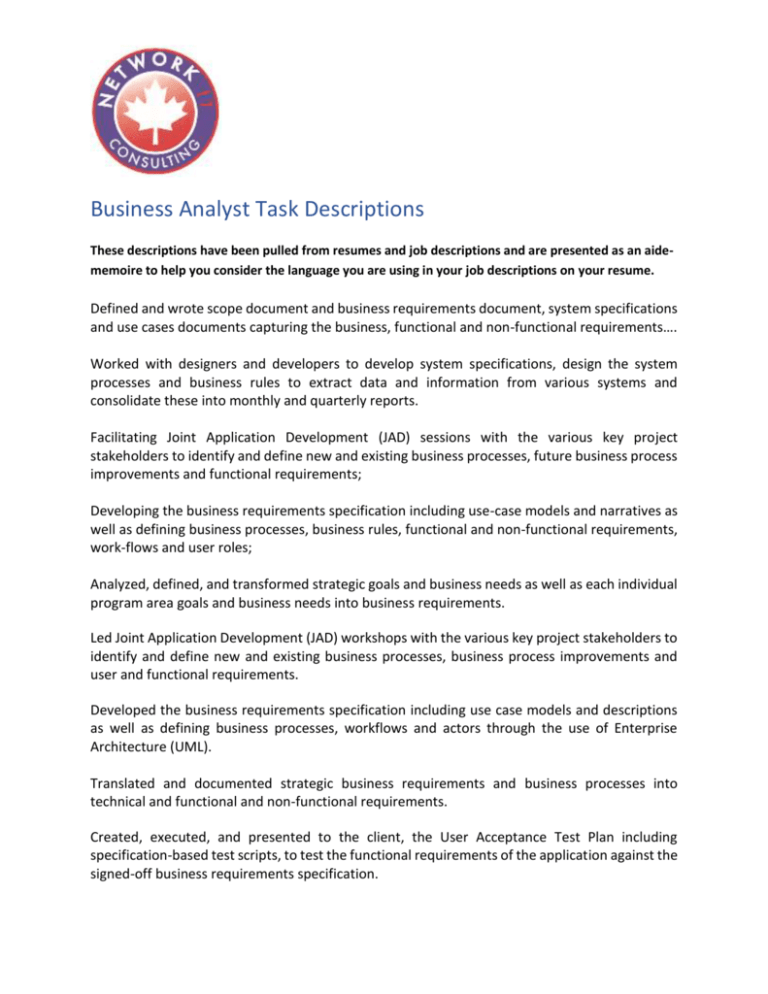 Business Analyst Task Descriptions