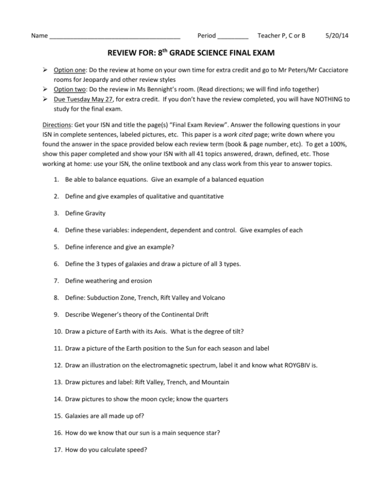 REVIEW FOR 8 Th GRADE SCIENCE FINAL EXAM REVIEW FOR 8 Th GRADE SCIENCE FINAL EXAM