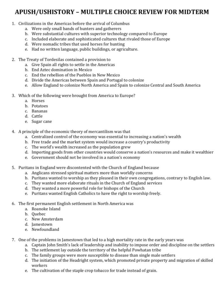 Apush ushistory Multiple Choice Review For Midterm