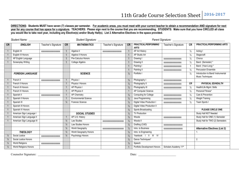11th Grade Course Selection Sheet 11th Grade Course Selection Sheet