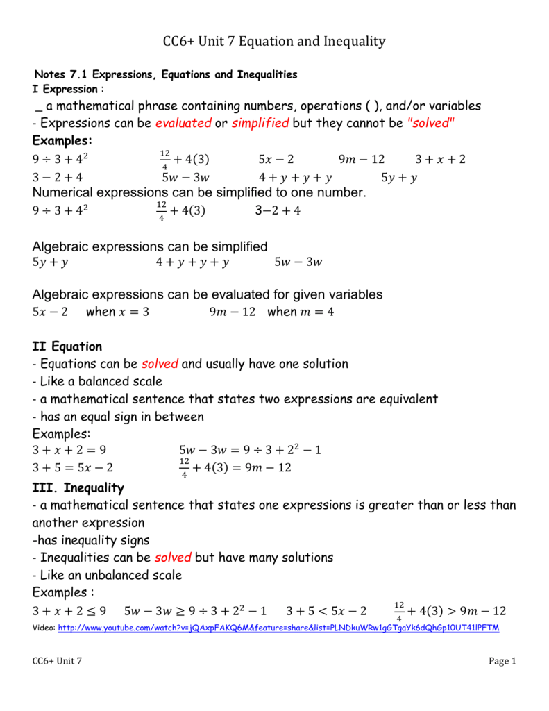 CC6 Unit 7 Equation And Inequality CC6 Unit 7 Equation And Inequality