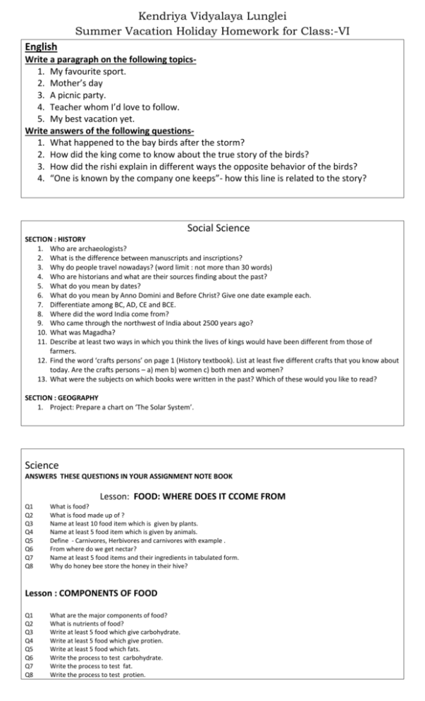 Summer Vacation Holiday Homework For Secondary Classes Summer Vacation Holiday Homework For Secondary Classes