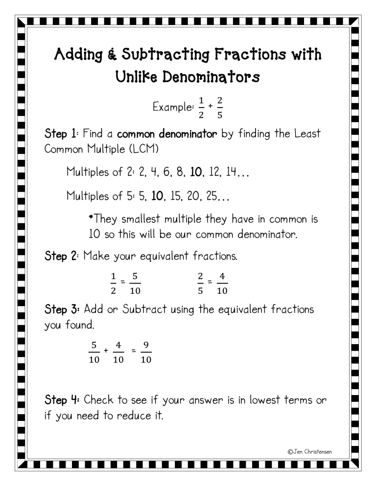 Ding Subtracting Fractions With Unlike Denominators Notes