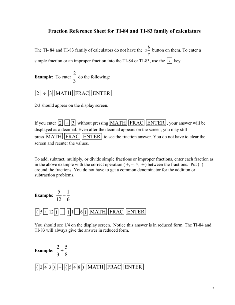02 FRACTION REFERENCE SHEET And Practice