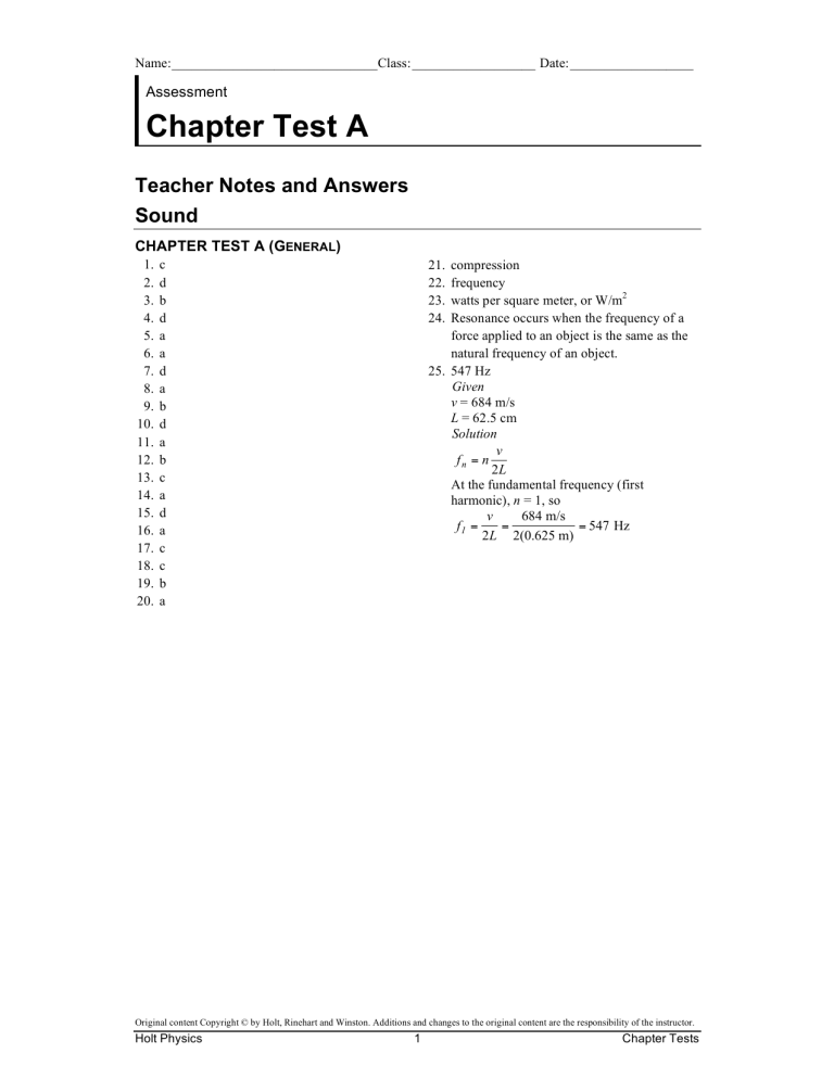HOLT PHYSICS Test 12A HOLT PHYSICS Test 12A