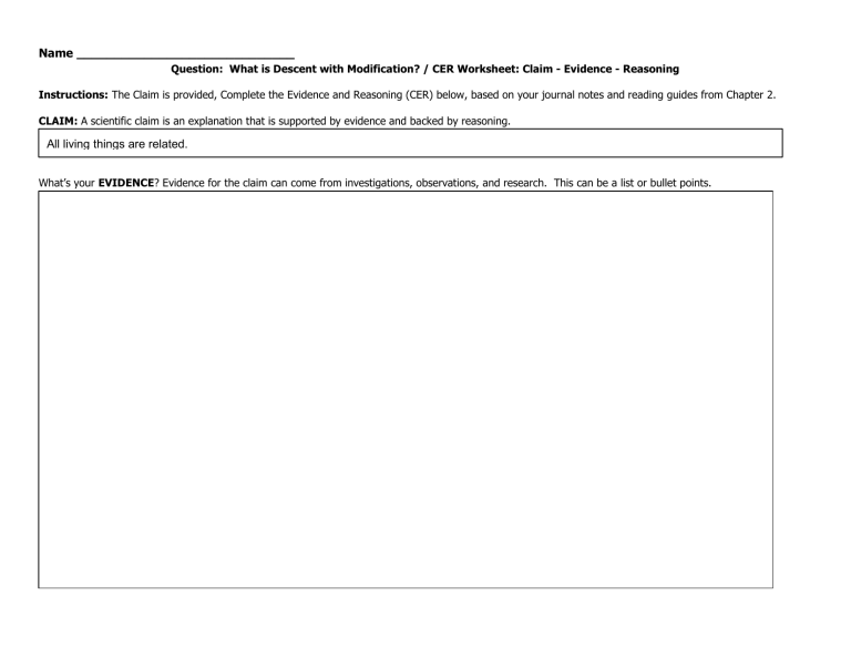 CER Worksheet Descent With Modification