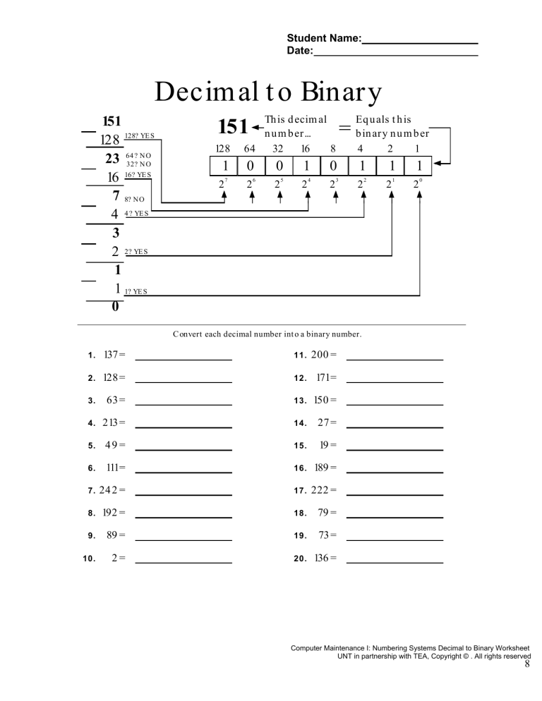 Numbering Systems Worksheet Decimal Binary Hexadecimal
