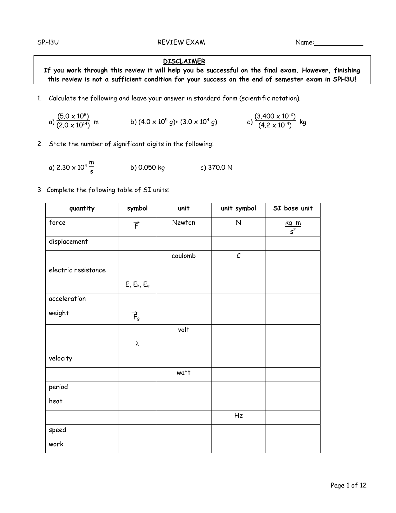 Grade 11 Physics Exam Review