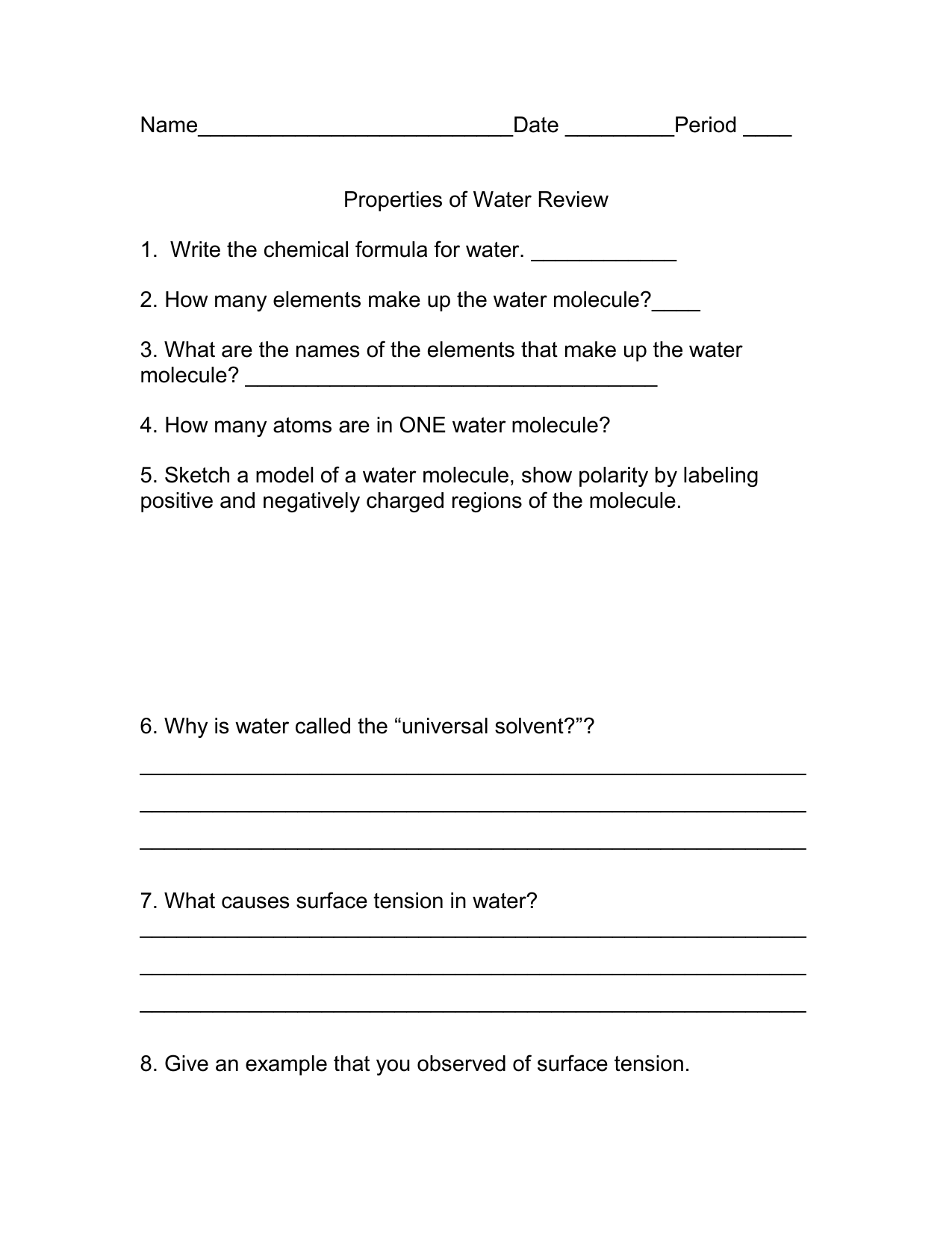 Properties Of Water Review Sheet