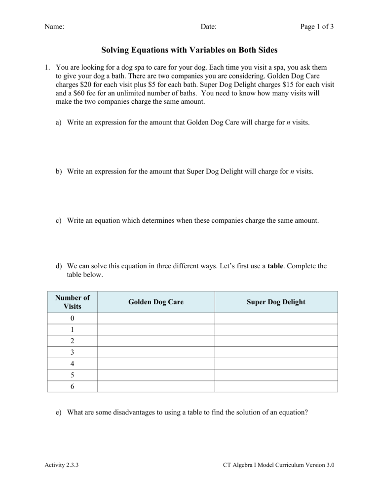 Solving Equations With Variables On Both Sides