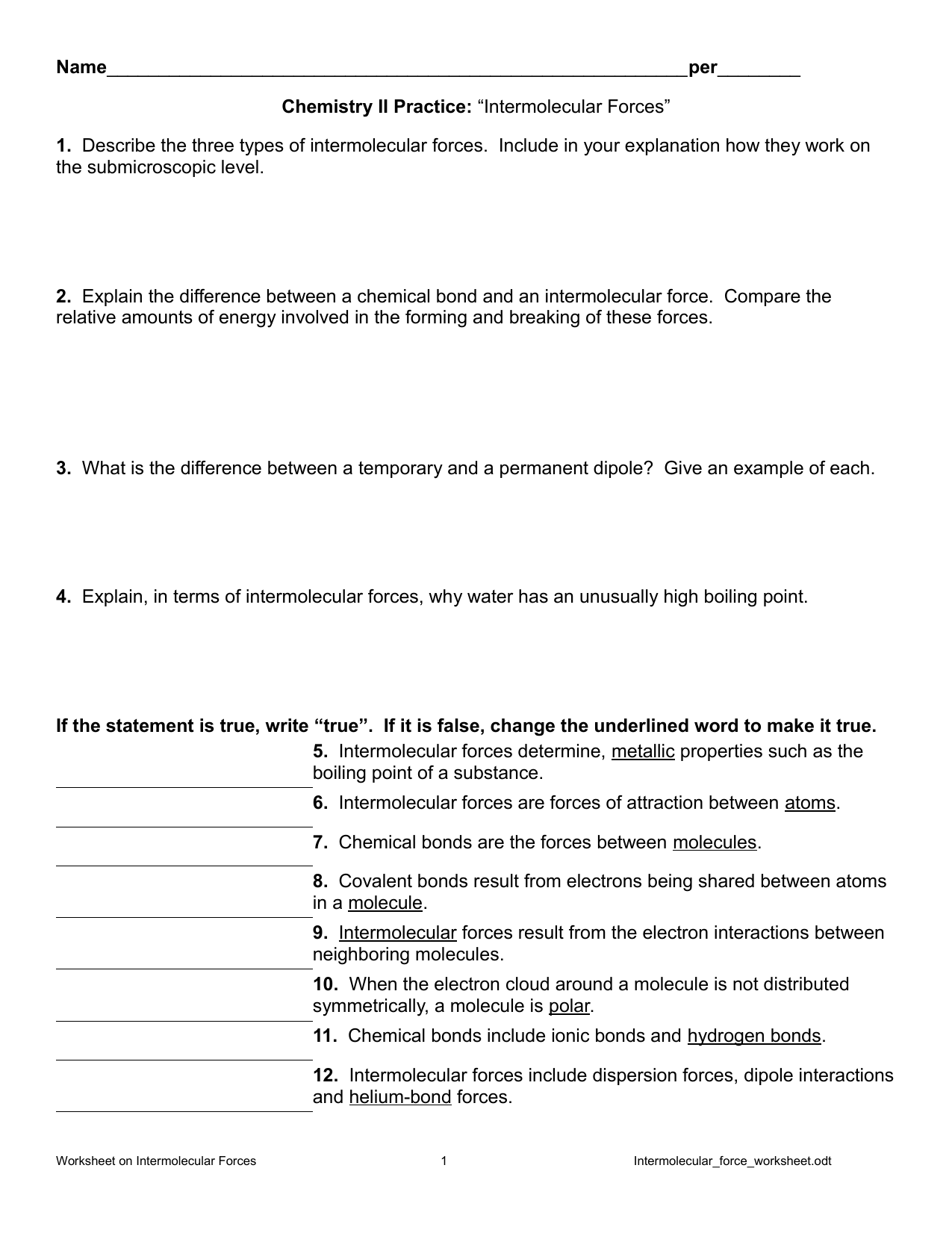 Intermolecular Force Worksheet Intermolecular Force Worksheet