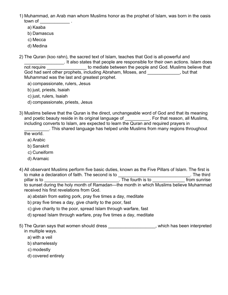 Islam: Muhammad, Quran, and Caliphates Worksheet