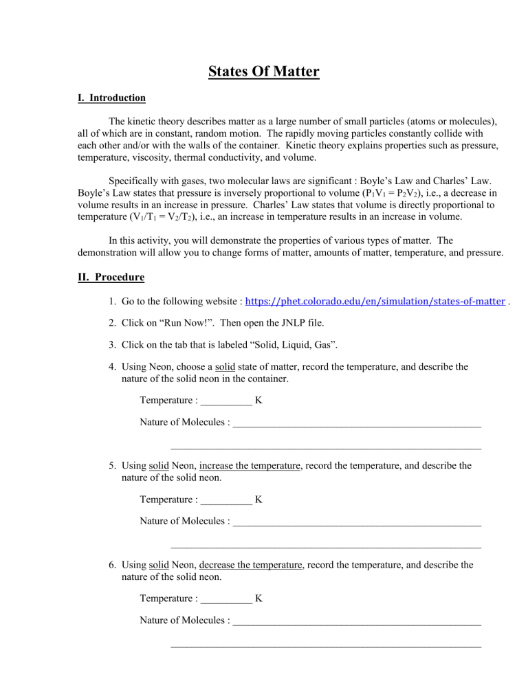 States of Matter Lab: PhET Simulation Activity