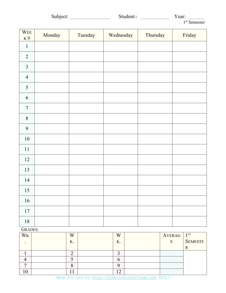 Student Weekly Schedule Template | Grade Tracker