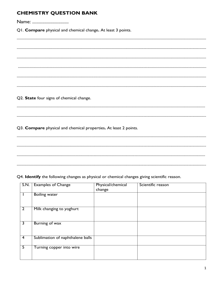 Chemistry Question Bank: Physical & Chemical Changes