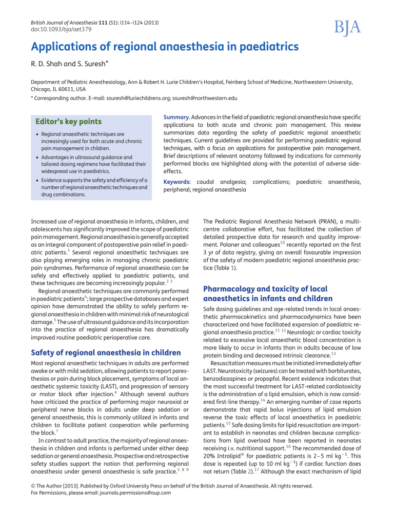 Regional Anesthesia in Pediatrics: Applications & Safety