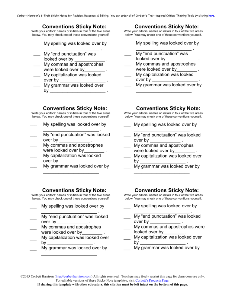Conventions Editing Checklist: 6-Trait Writing