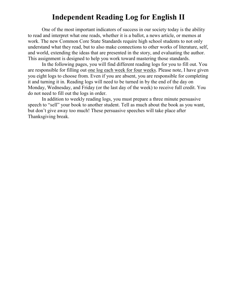 English II Reading Log: Comprehension & Analysis