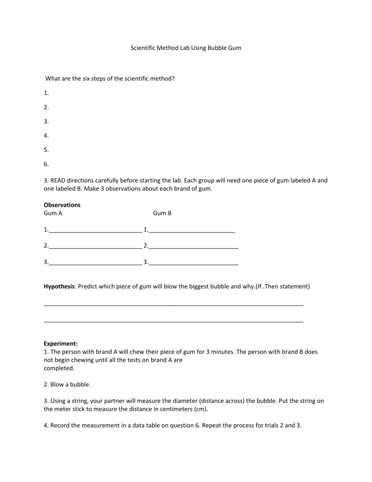 Bubble Gum Scientific Method Lab Worksheet