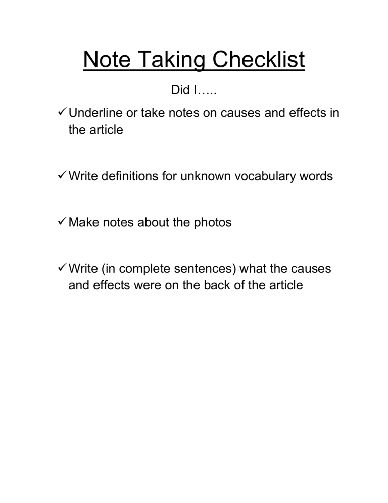 Note Taking Checklist: Causes & Effects, Vocabulary