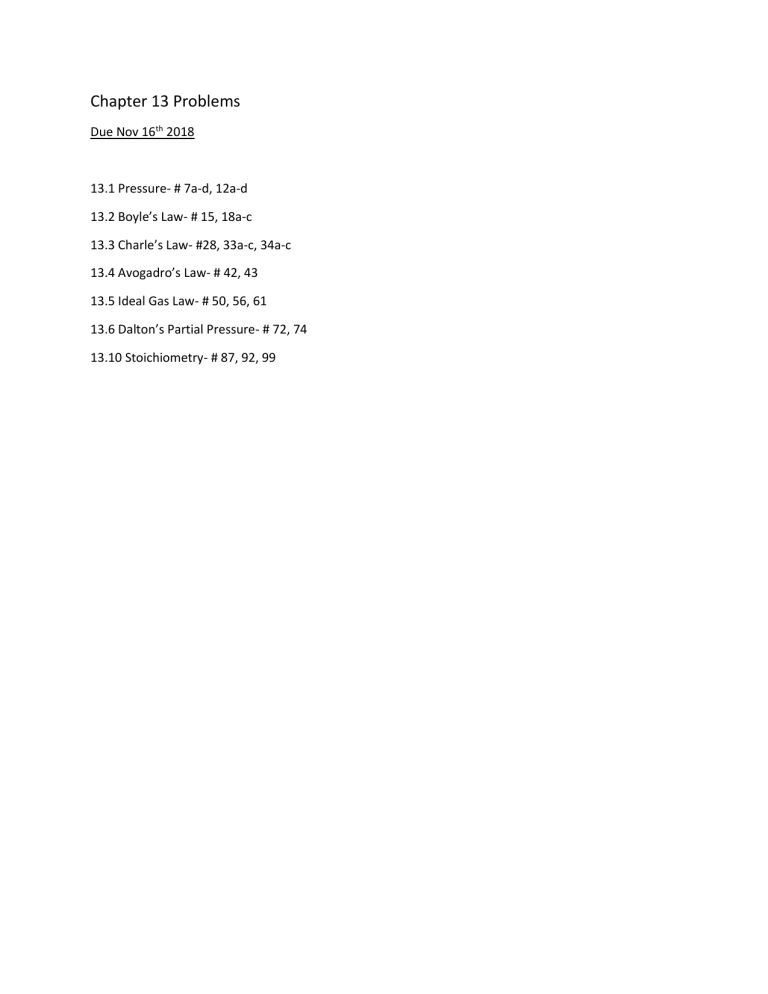 Chemistry Problem Set: Gas Laws & Stoichiometry