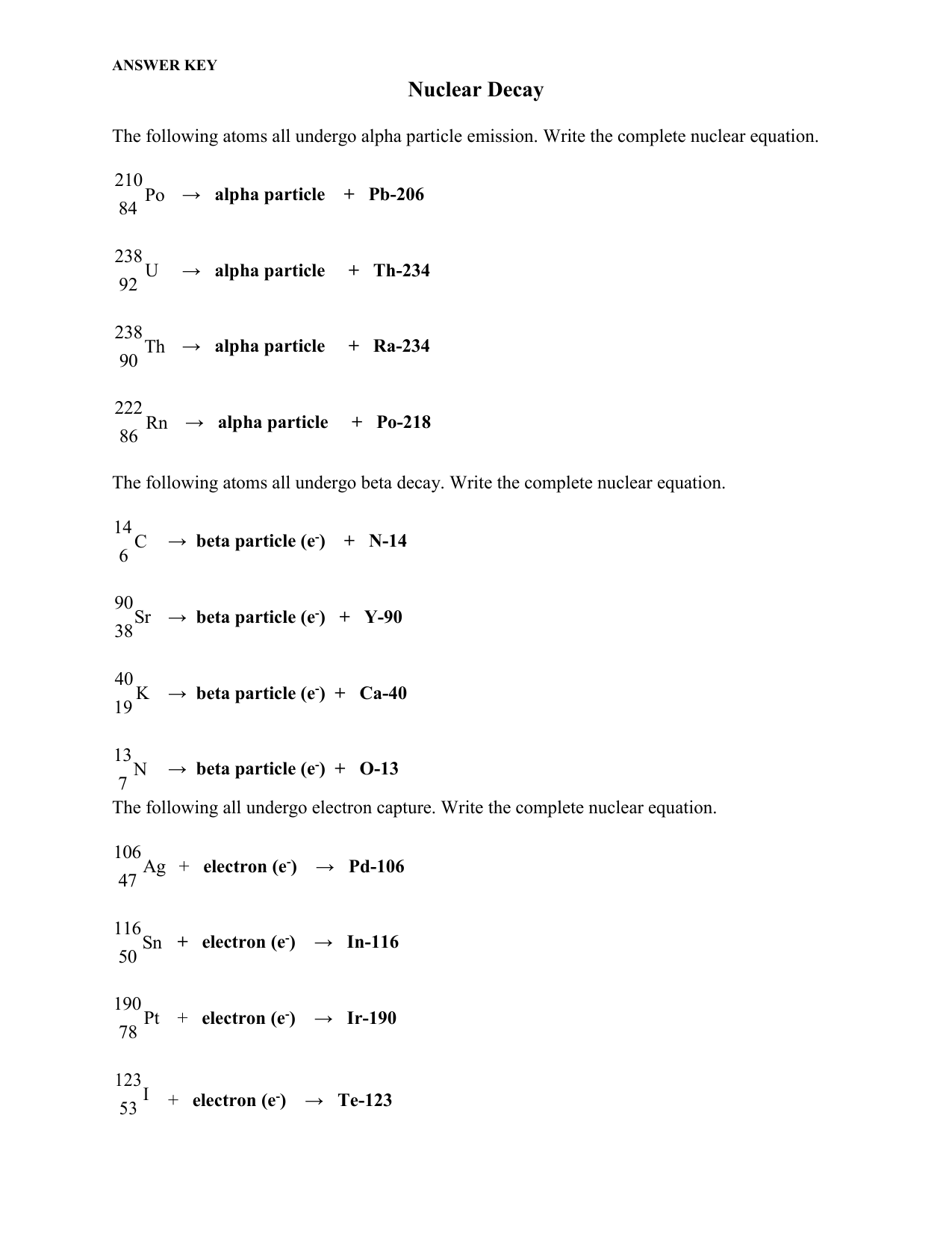 Nuclear Decay Equation Balancing Worksheetanswerkey