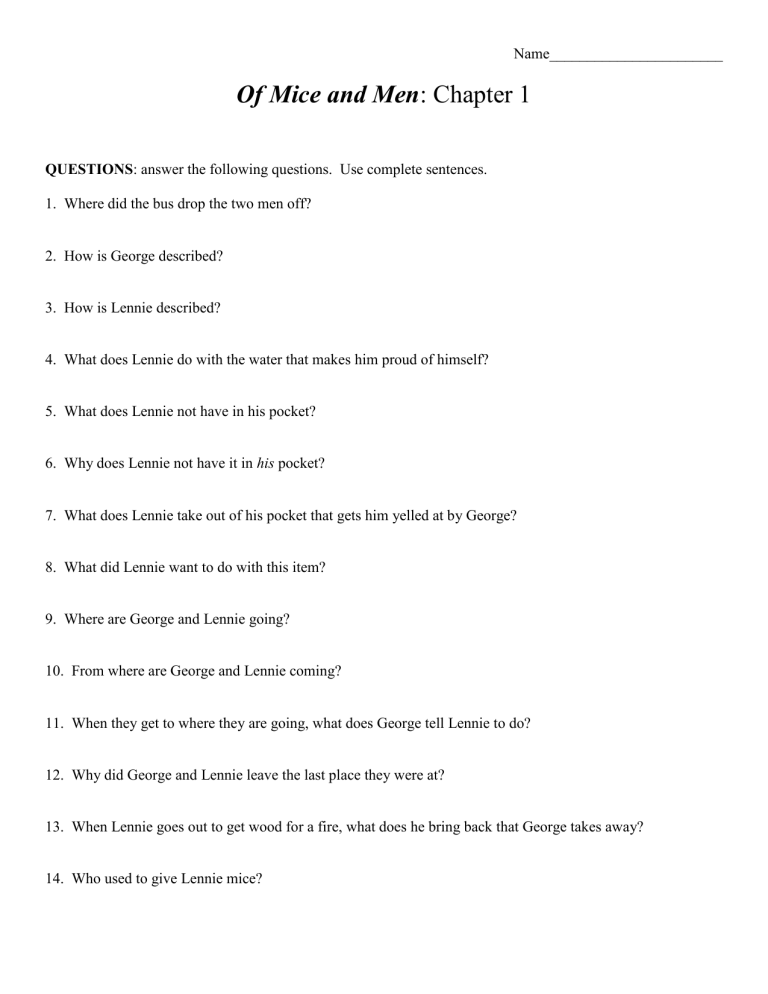 Of Mice and Men Chapter 1 Worksheet