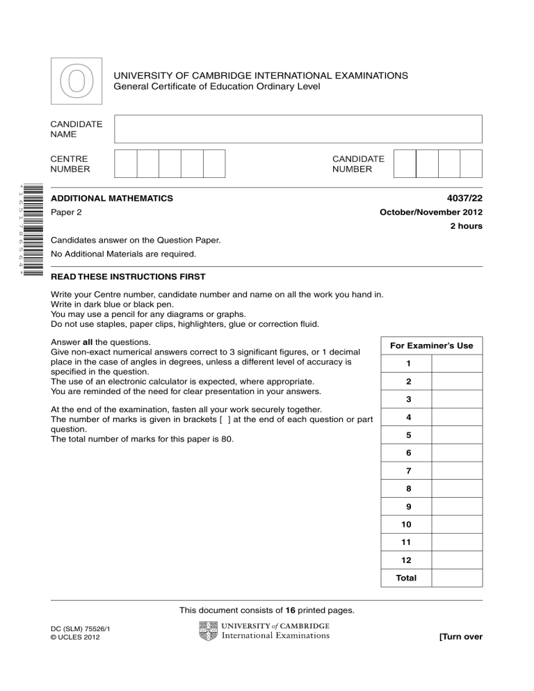 Additional Mathematics Exam Paper - October/November 2012