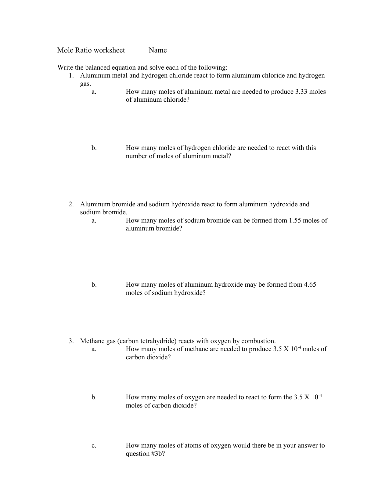 Mole Ratio Worksheet